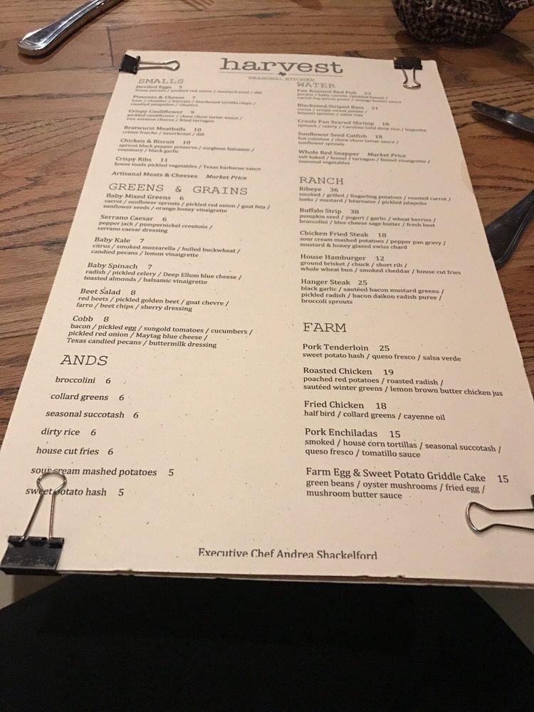 Menu at Harvest at the Masonic restaurant, McKinney