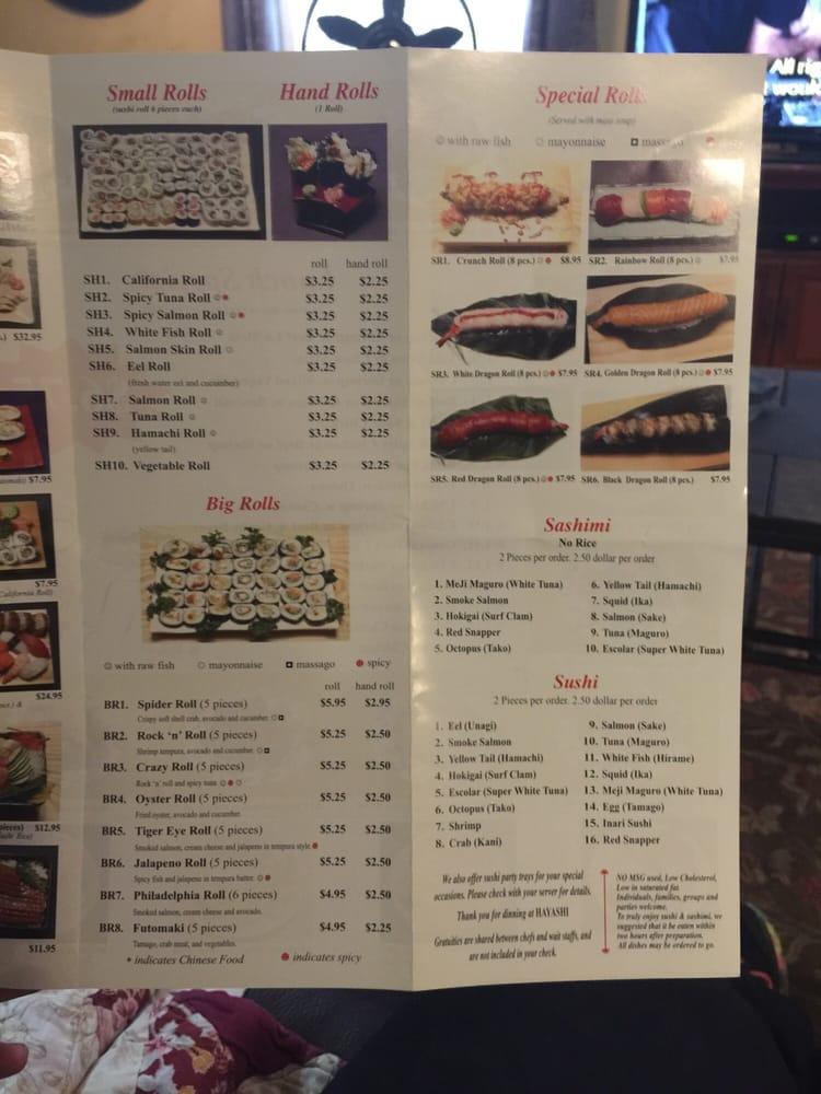 Menu at Hayashi Chinese Japanese Restaurant, Cameron