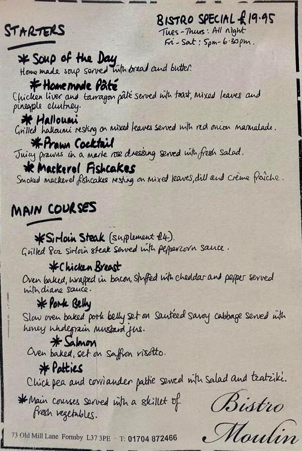Menu at Le Bistro Moulin restaurant, Liverpool