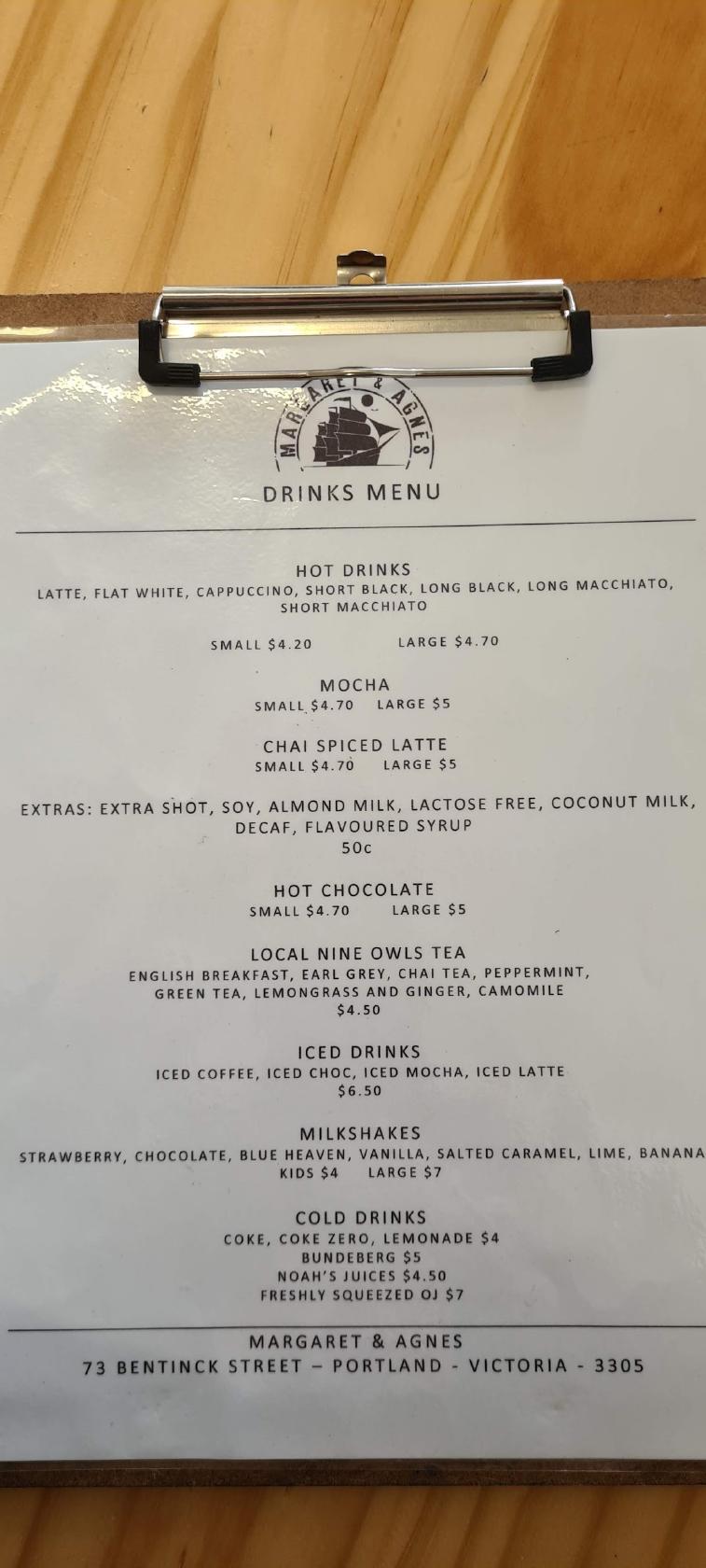 Menu at Margaret & Agnes cafe, Portland
