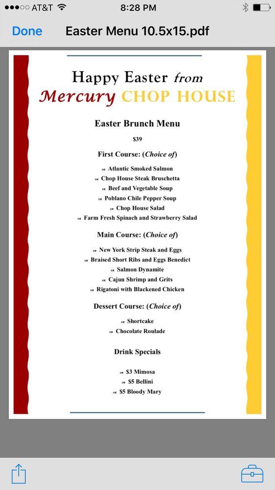 Menu at Mercury Chophouse pub & bar, Fort Worth