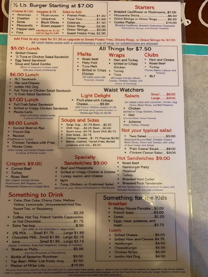 Menu at Oak Creek Diner restaurant, Oak Creek