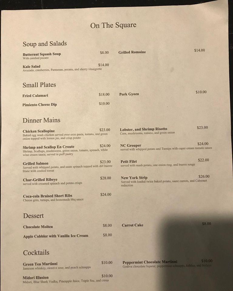 Menu at On the Square restaurant, Tarboro