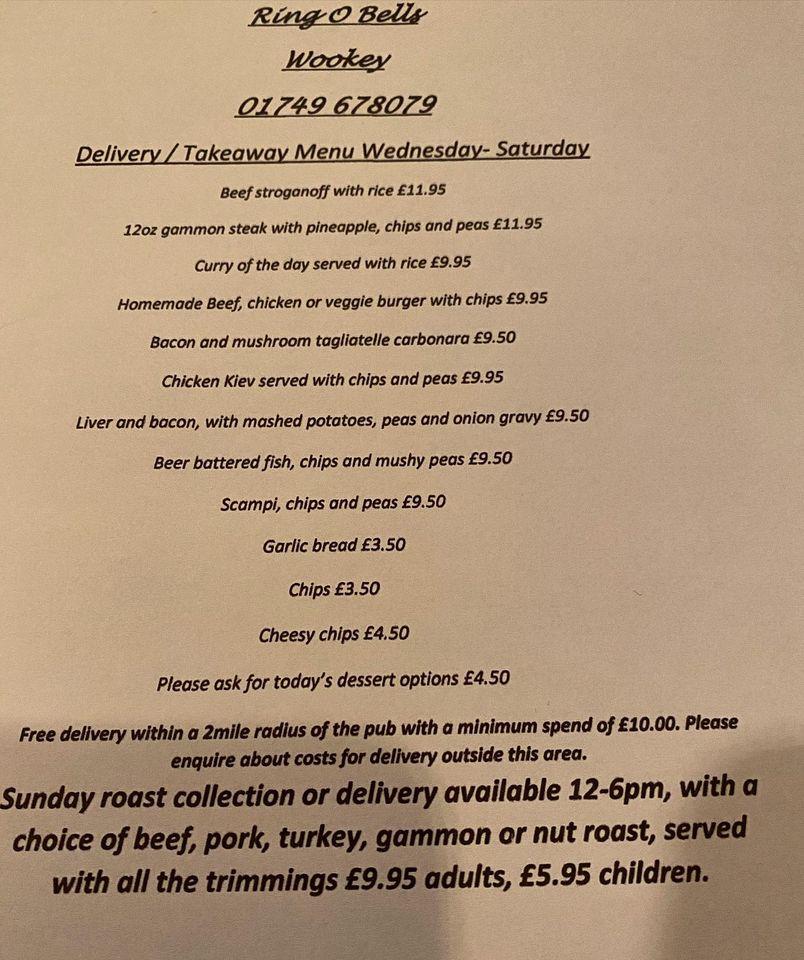 Menu at Ring O' Bells Wookey pub & bar, Wells