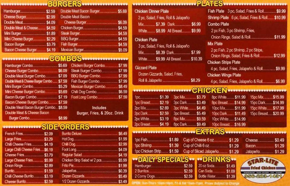 Menu at Star-Lite Fried Chicken restaurant, San Juan