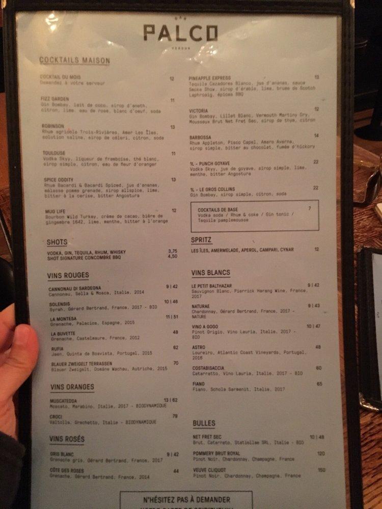 Menu at Bar Palco, Montréal