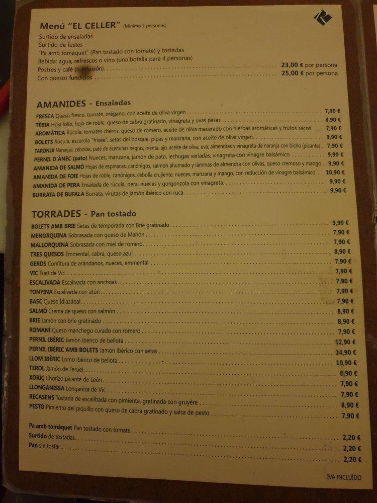 Carta del restaurante Can Recasens, Barcelona