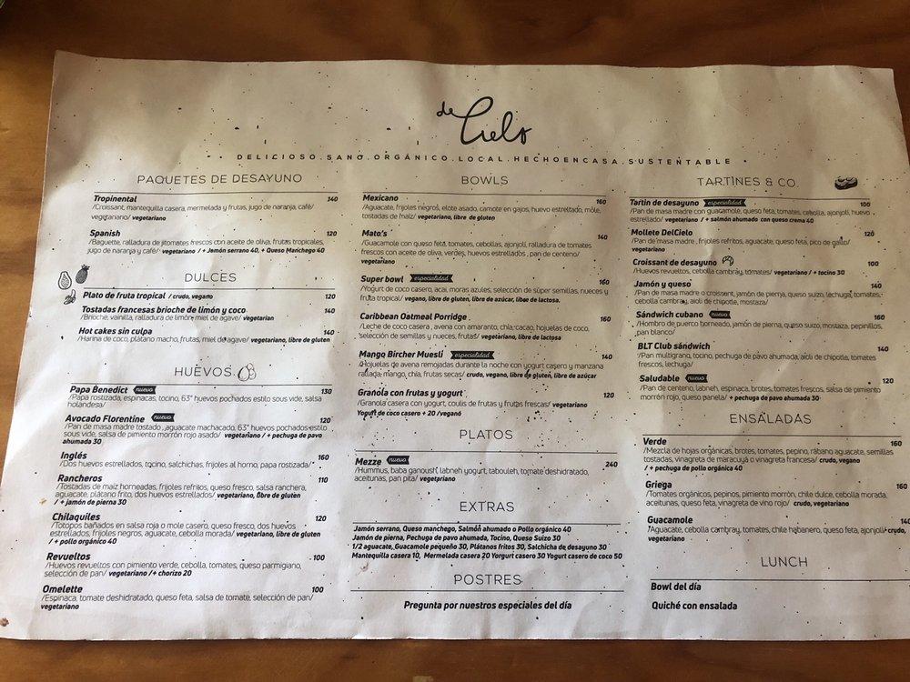 Menu at DelCielo cafe, Tulum, Satélite Sur 5