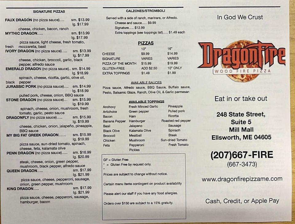 Menu at DragonFire Pizza pizzeria, Ellsworth