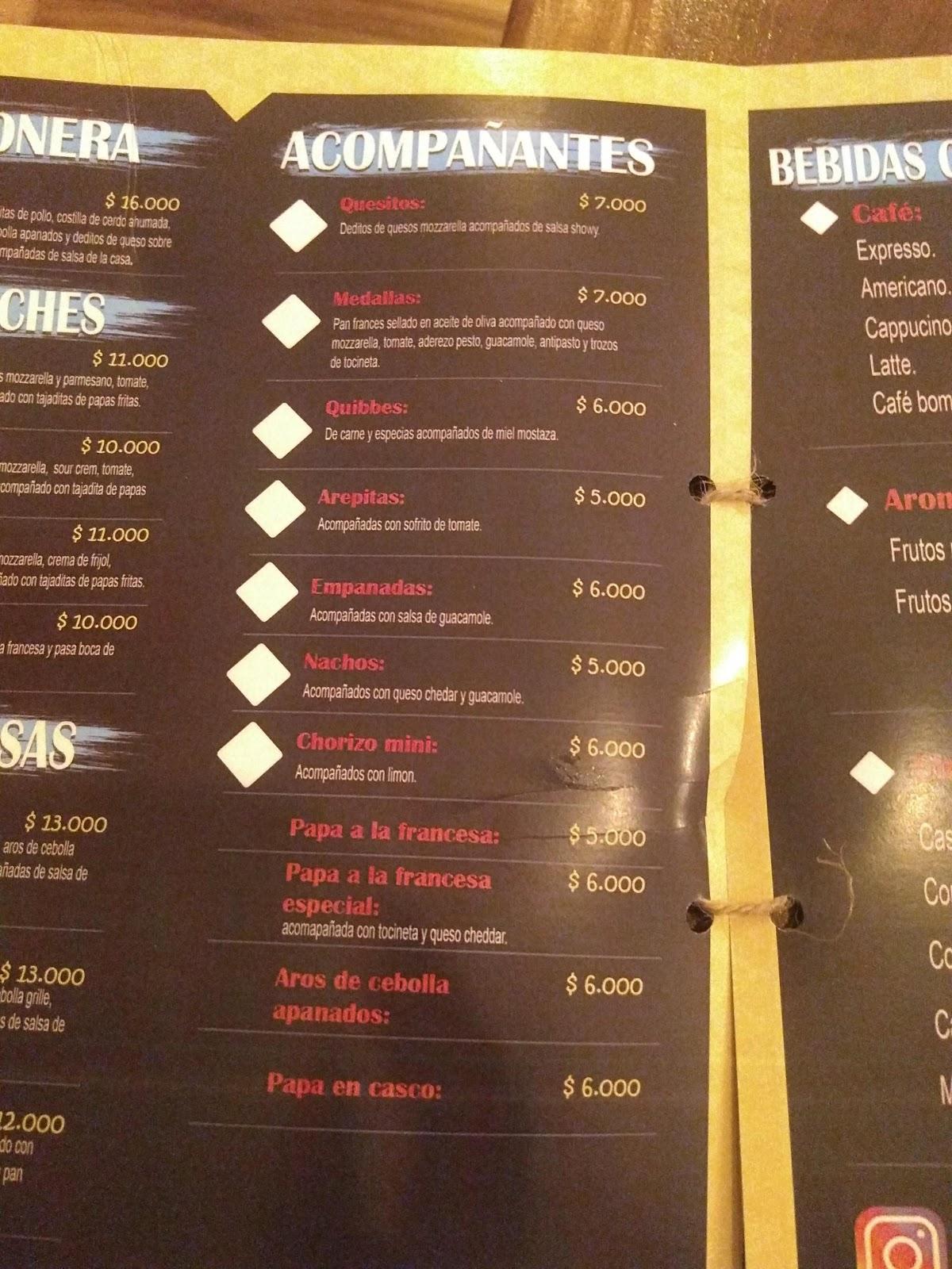 Menu at Macondo café bar, Manizales