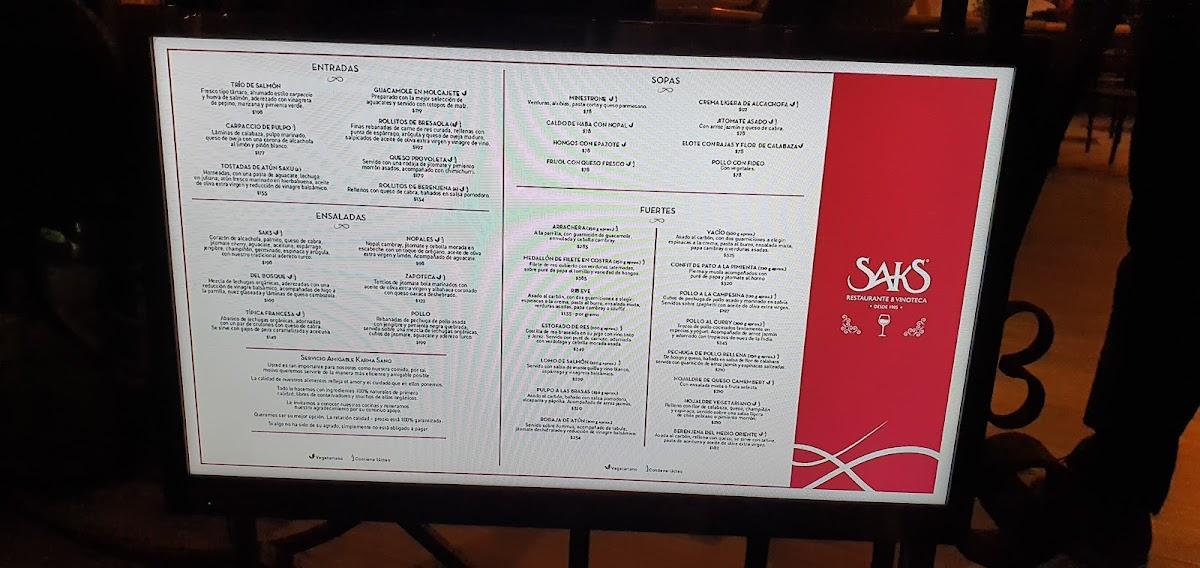 Carta del restaurante Saks Polanco, Ciudad López Mateos, Campos Elíseos 133