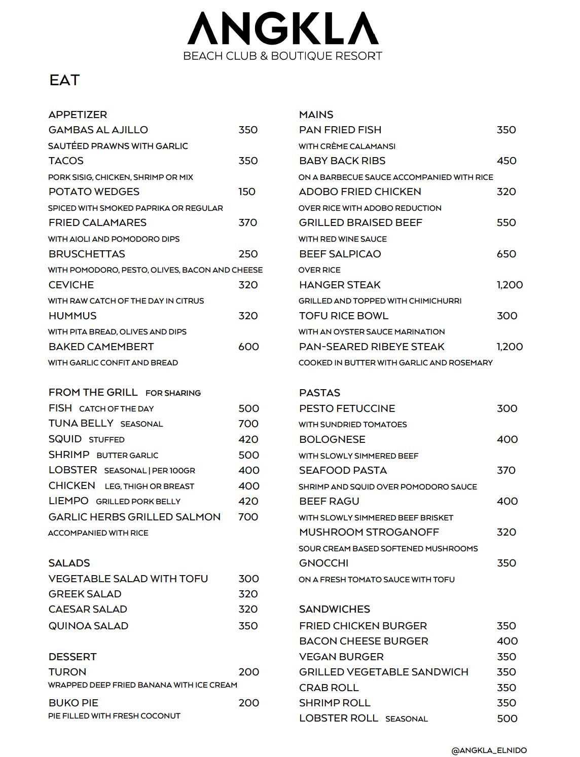 Menu at Angkla pub & bar, El Nido