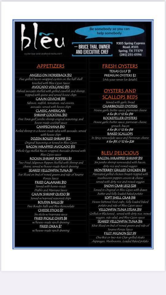 Menu at Bleu oyster bar and seafood, Houston