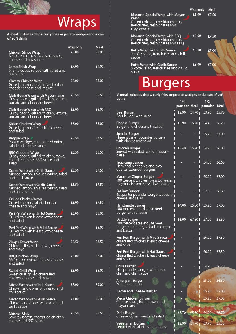 Menu at Maranto's Crookes restaurant, Sheffield