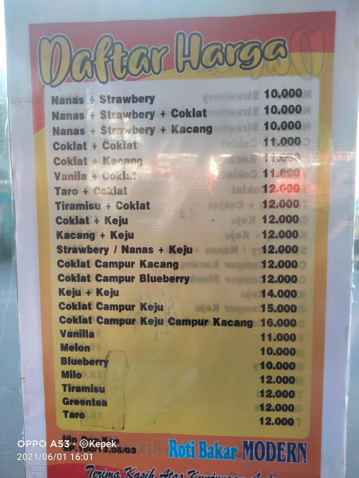 Menu at Roti Bakar Modern Stadion, Blitar