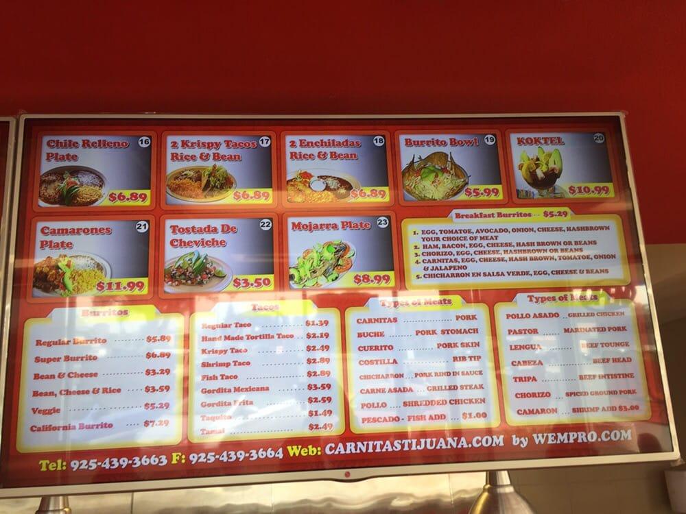 Menu at Taqueria Carnitas Tijuana restaurant, Concord