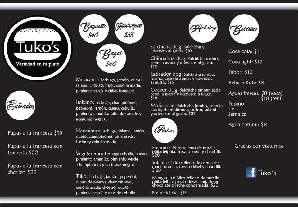 Menu at Tuko's Pizza restaurant, Merida