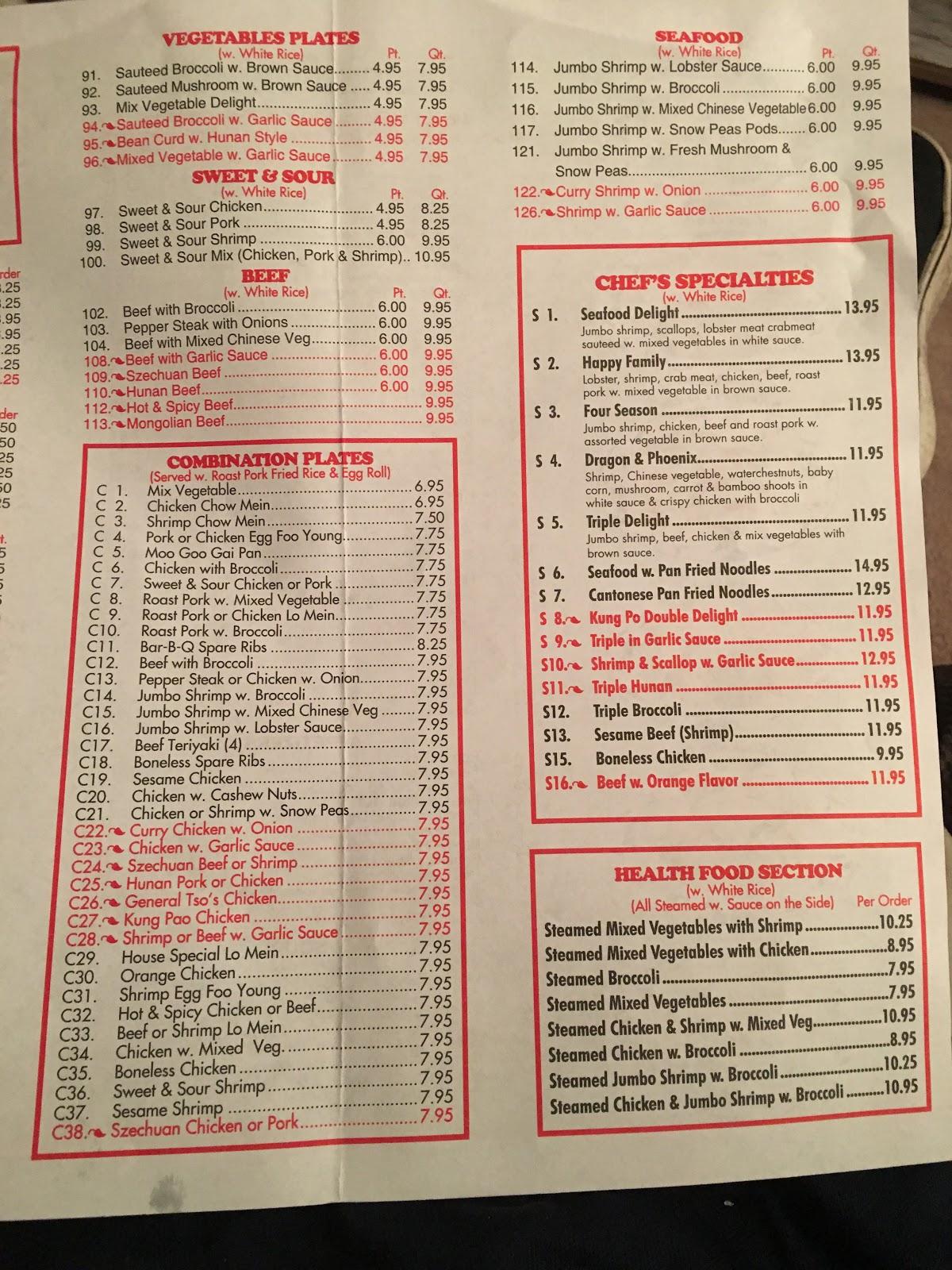 Menu at China King restaurant, Georgetown