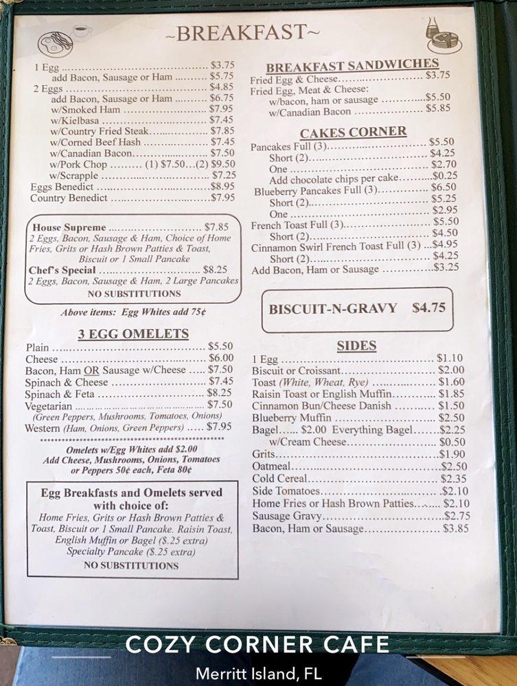 Menu at Cozy Corner Cafe, Merritt Island, N Courtenay Pkwy #108