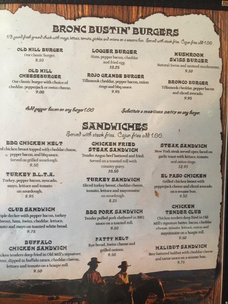 Menu at The Old Mill Saloon pub & bar, Estacada