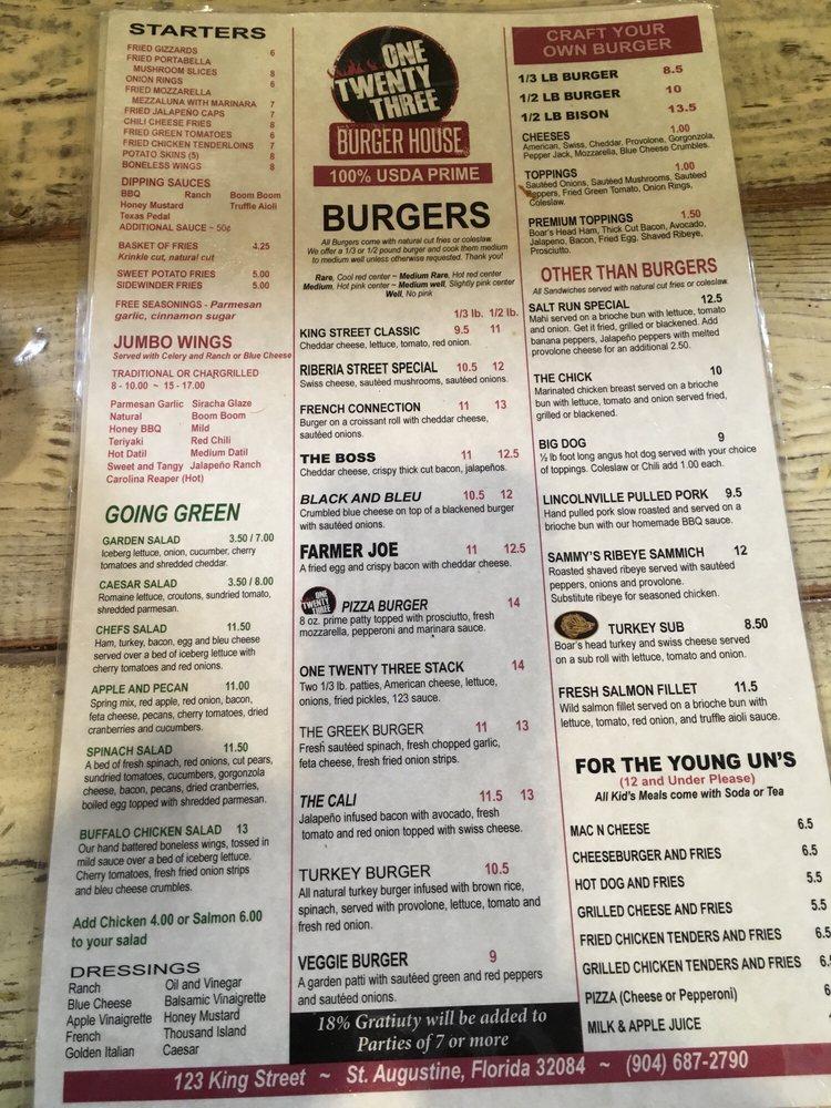 Menu at One Twenty Three Burger House restaurant, St. Augustine