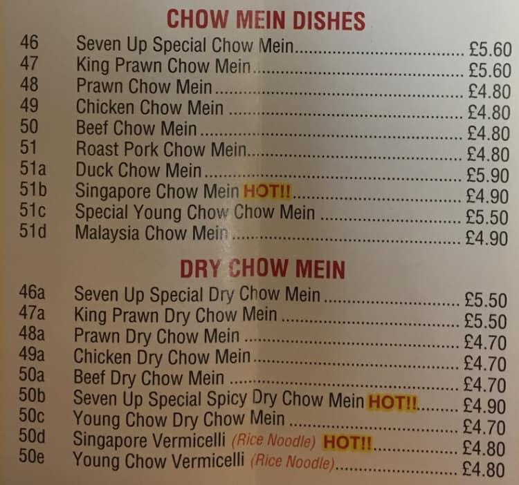 Menu at Seven Up fast food, Plymouth