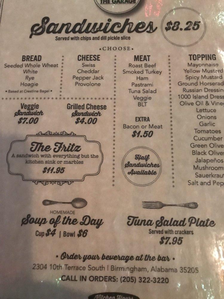 Menu at The Garage pub & bar, Birmingham