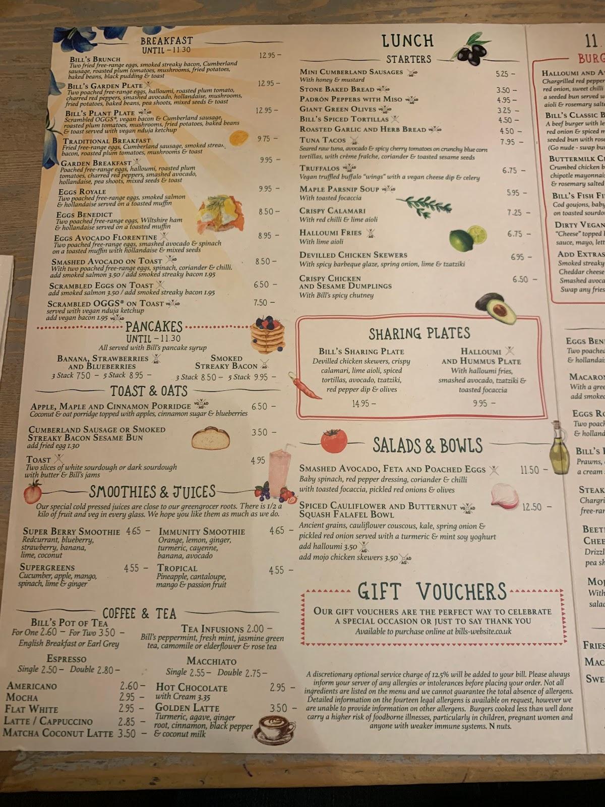 Menu at Bill's Farnham Restaurant, Farnham