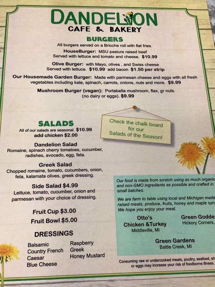 Menu at Dandelion Cafe & Bakery, South Gull Lake