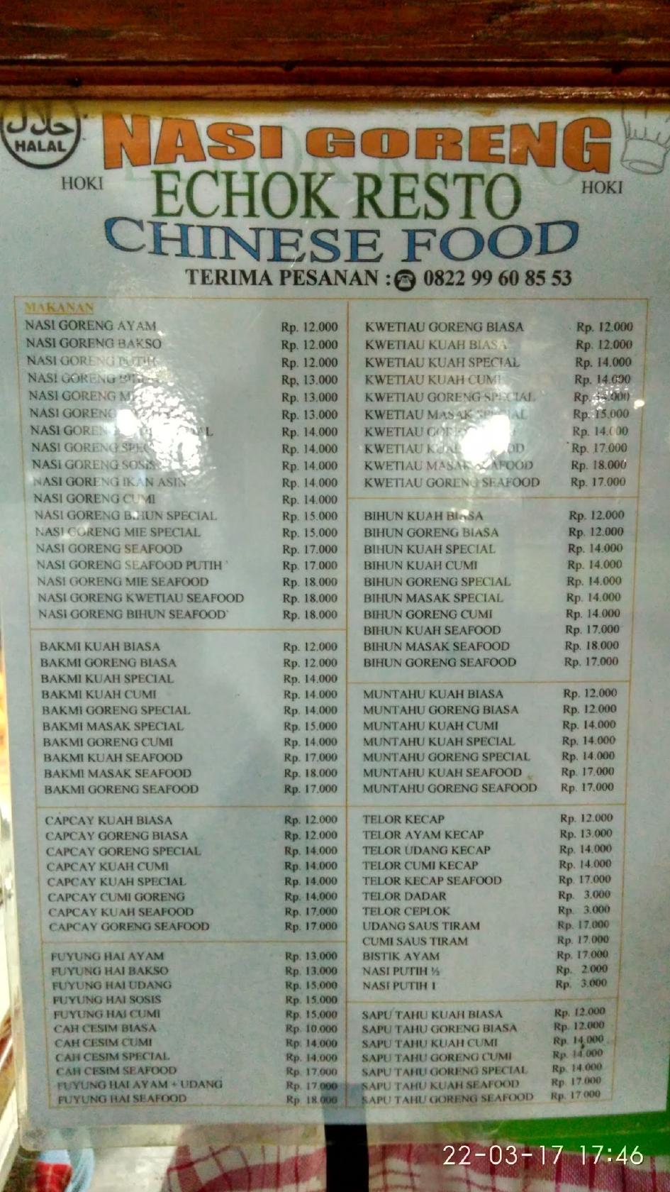 Menu at Echok Resto restaurant, West Jakarta