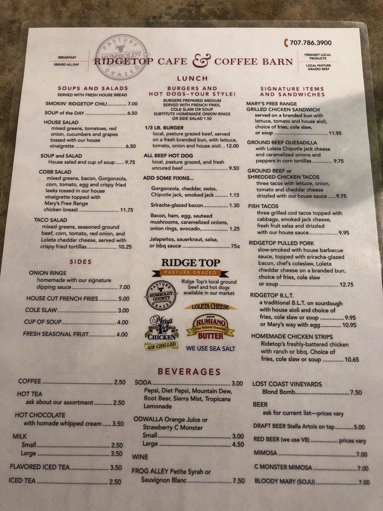 Menu at Fernbridge Cafe & Coffee Barn, Fortuna