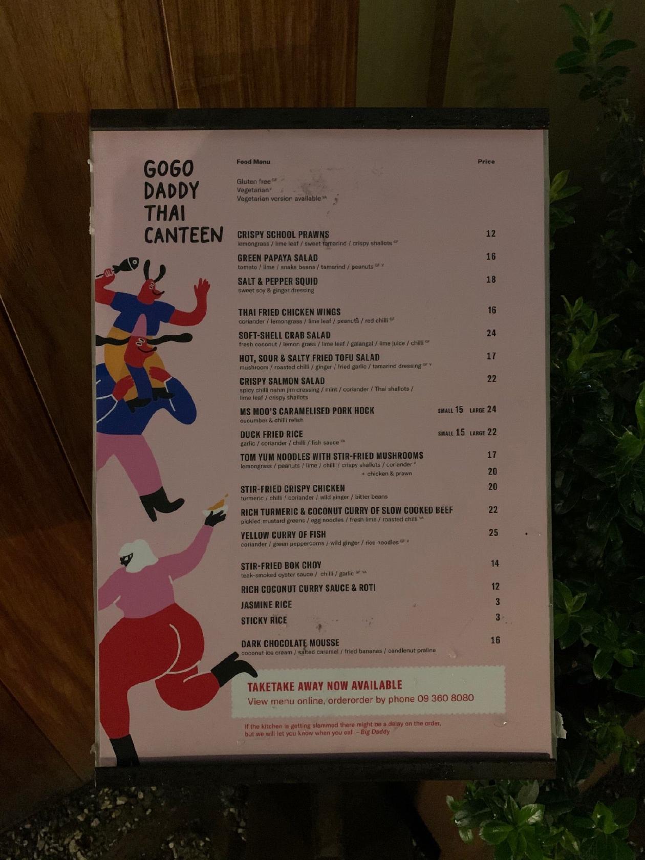 Menu at Gogo Daddy restaurant, Auckland