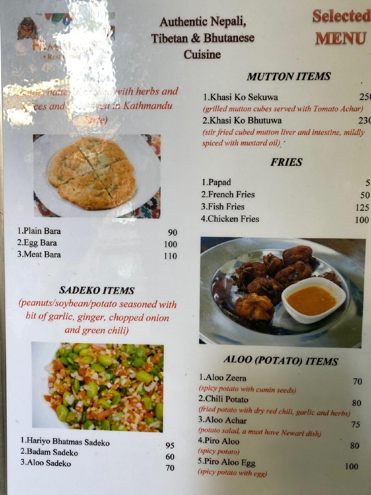 Menu at Himalaya restaurant, Bangkok, 22/16