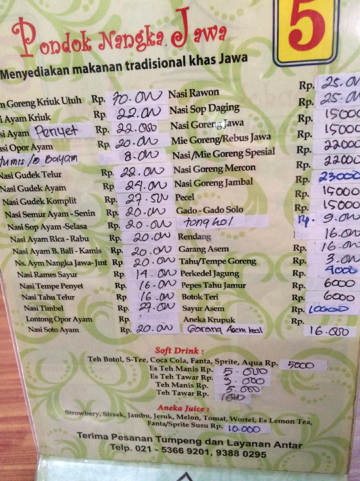 Menu at Pondok Nangka Jawa restaurant, West Jakarta