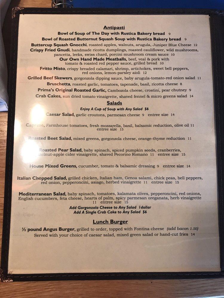 Menu at Prima restaurant, Minneapolis