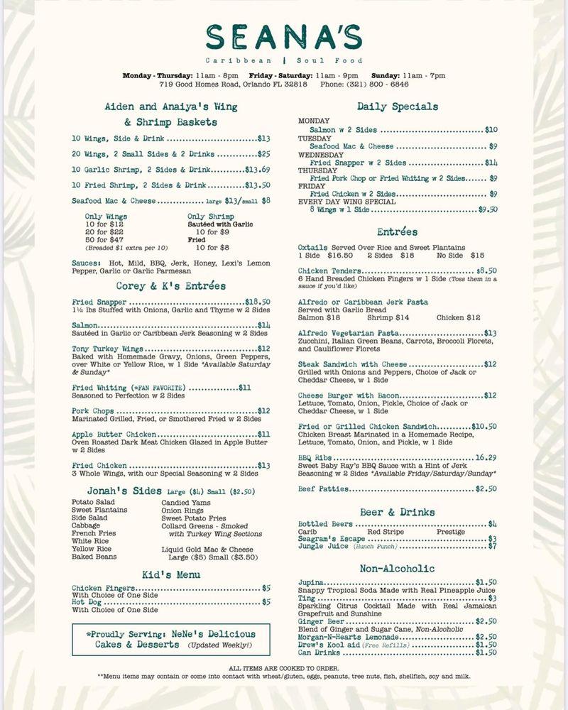 Carta del restaurante Seana's Caribbean Soul Food, Orlando