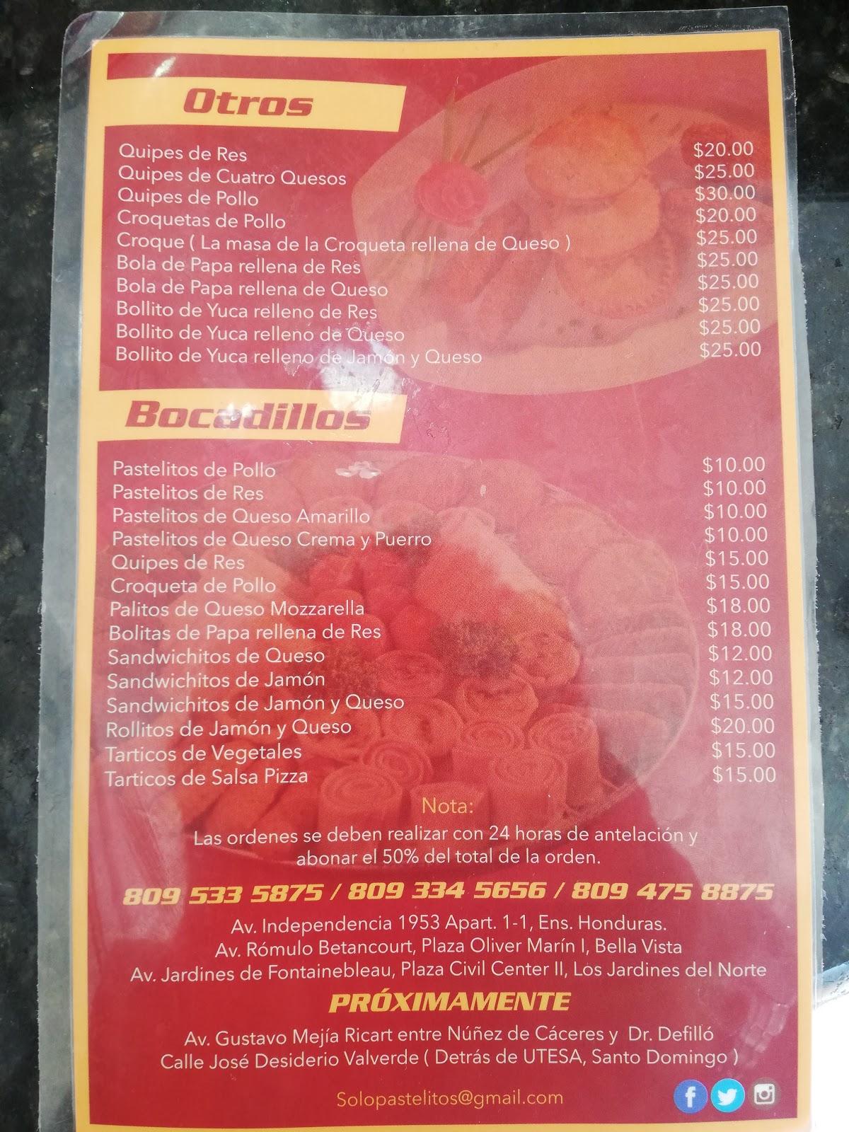 Carta del restaurante Solo Pastelitos Rómulo Betancourt, Santo Domingo