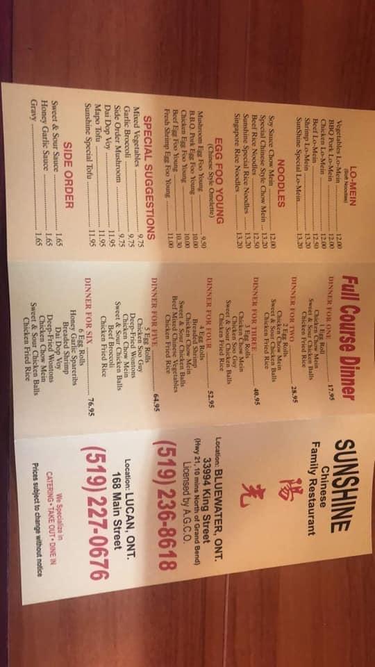 Menu at Sunshine Chinese Family Restaurant, Bluewater