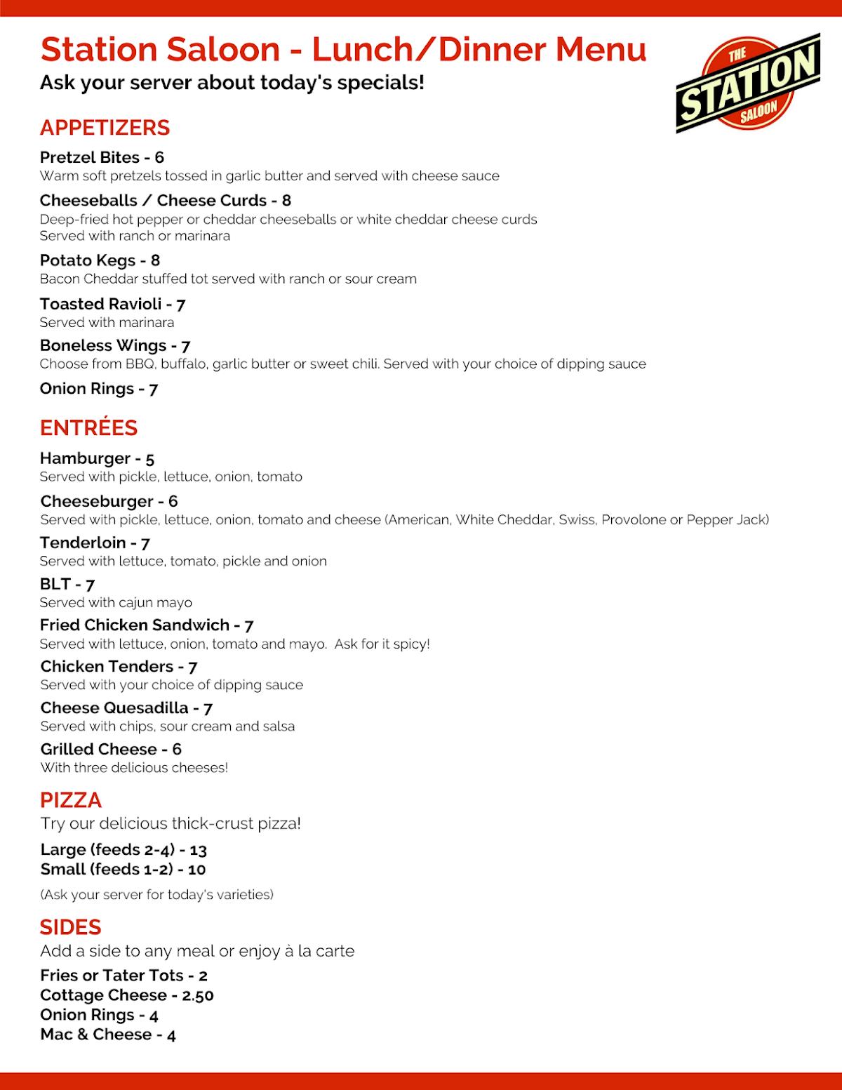 Menu at The Station Saloon restaurant, Downs