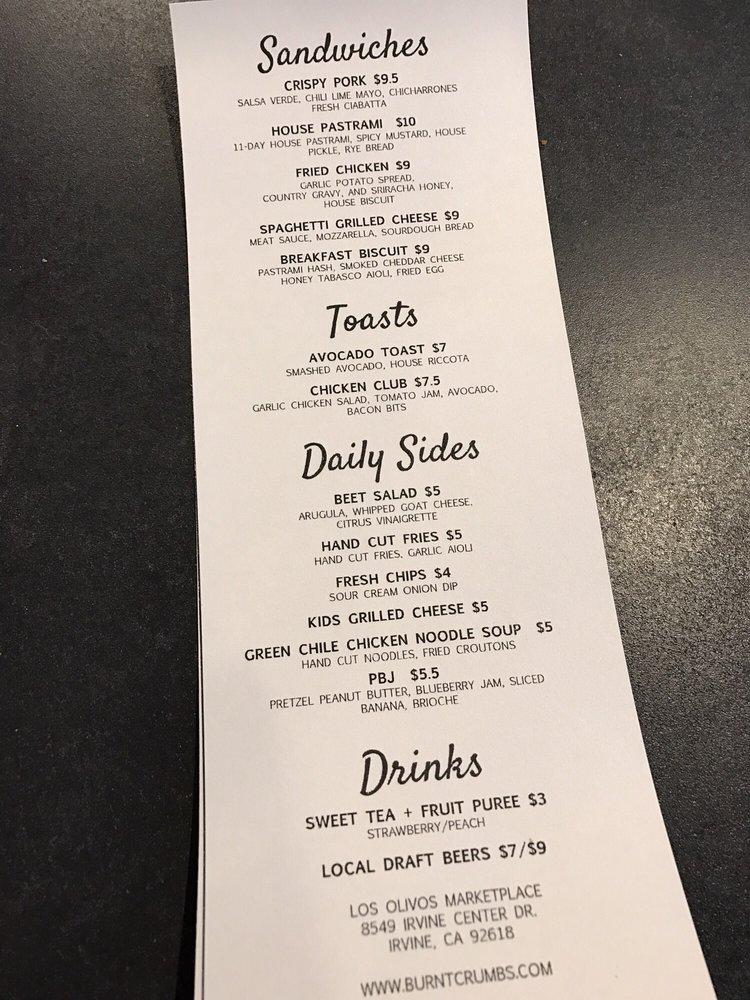 Menu at Burnt Crumbs Irvine restaurant, Irvine