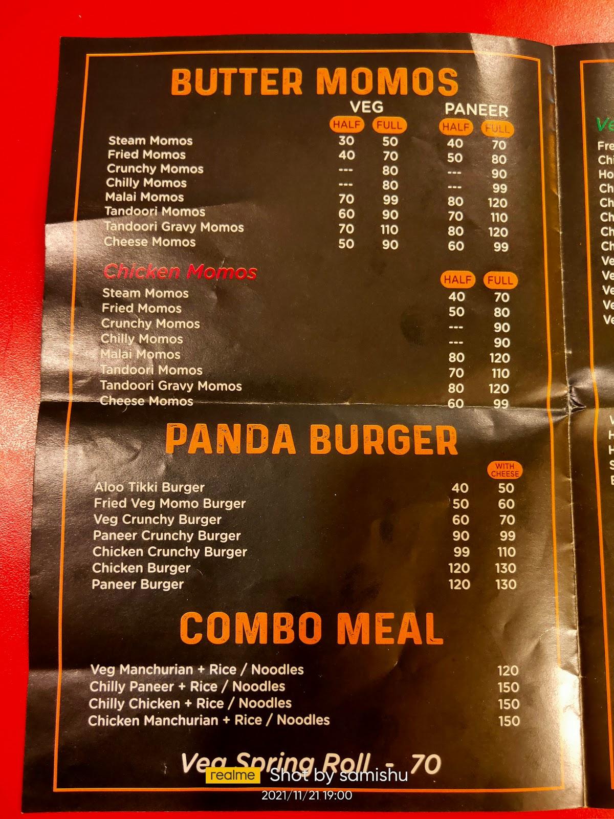 Menu at MOMO PANDA, New Delhi