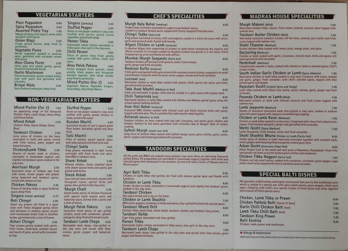 Menu at Madras Authentic Indian Cuisine restaurant, Earby