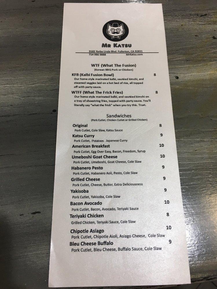 Menu at Mr. Katsu restaurant, Fullerton