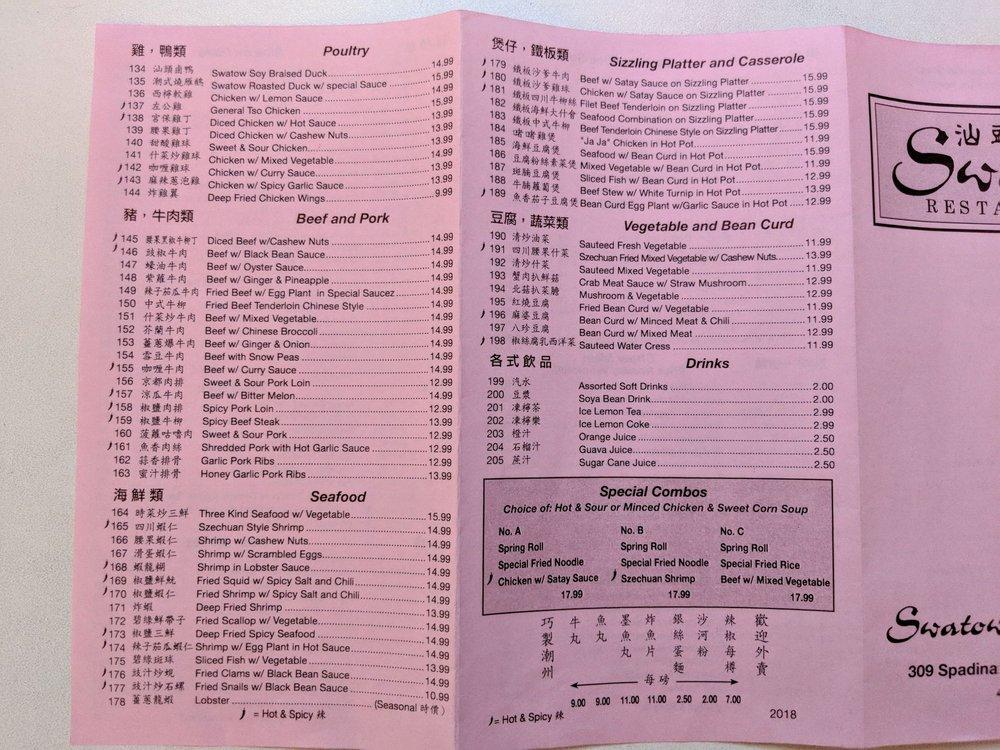 Menu at Swatow Restaurant, Toronto
