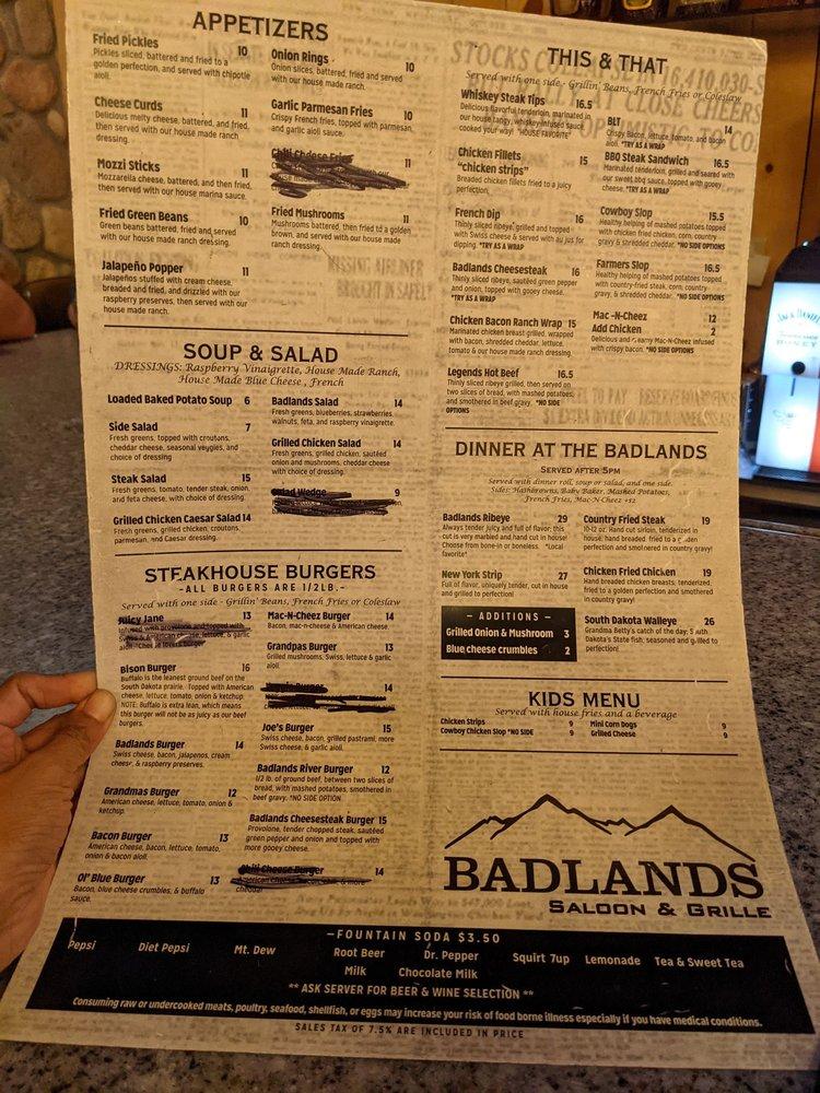 Menu at Badlands Saloon & Grille pub & bar, Wall