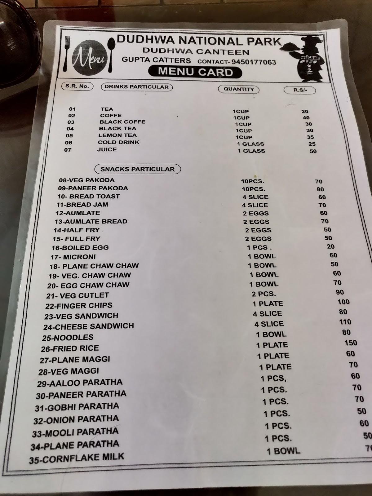 Menu at Dudhwa Canteen, India