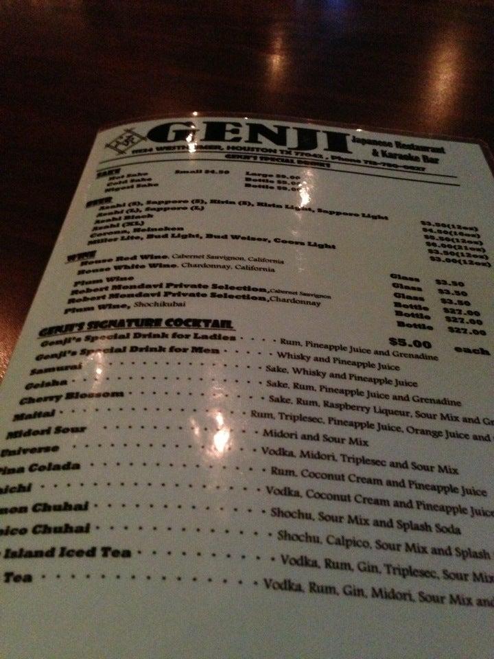 Menu at Genji restaurant, Houston