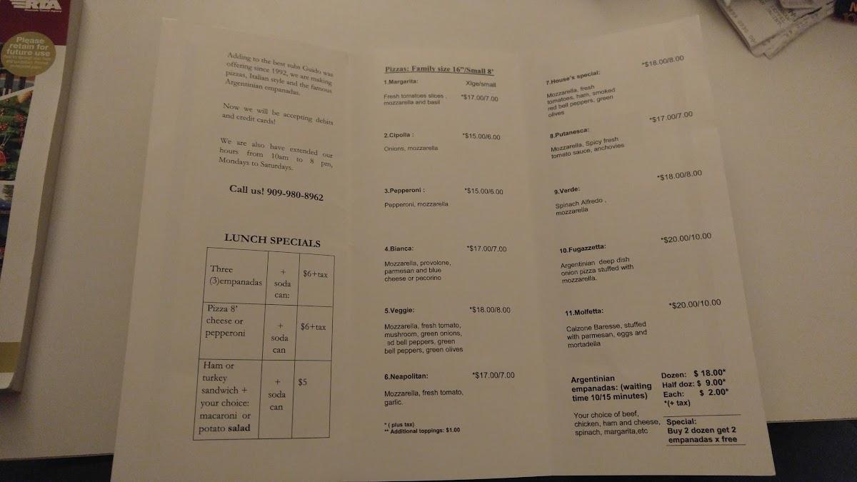 Menu at Guido's/FURNO'S Pizza & Empanadas Argentinas pizzeria, Rancho ...