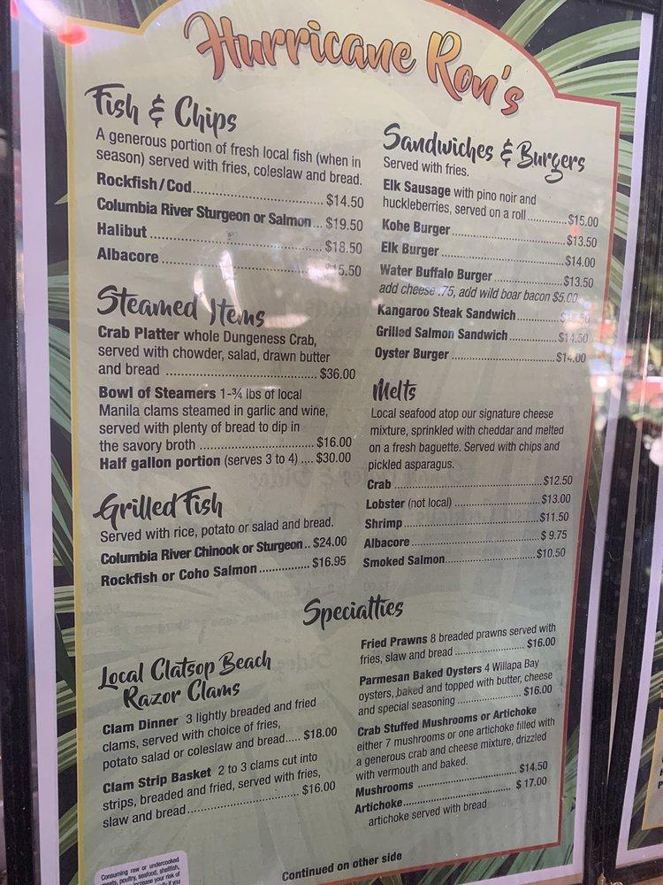 Menu at Hurricane Ron's restaurant, Astoria