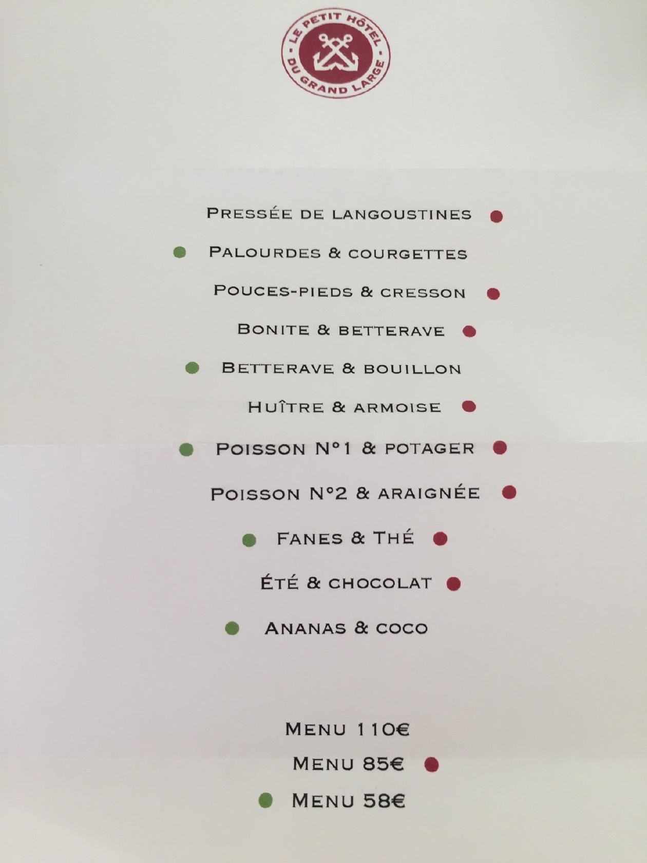 Menu au Rivage restaurant, Saint-Pierre-Quiberon